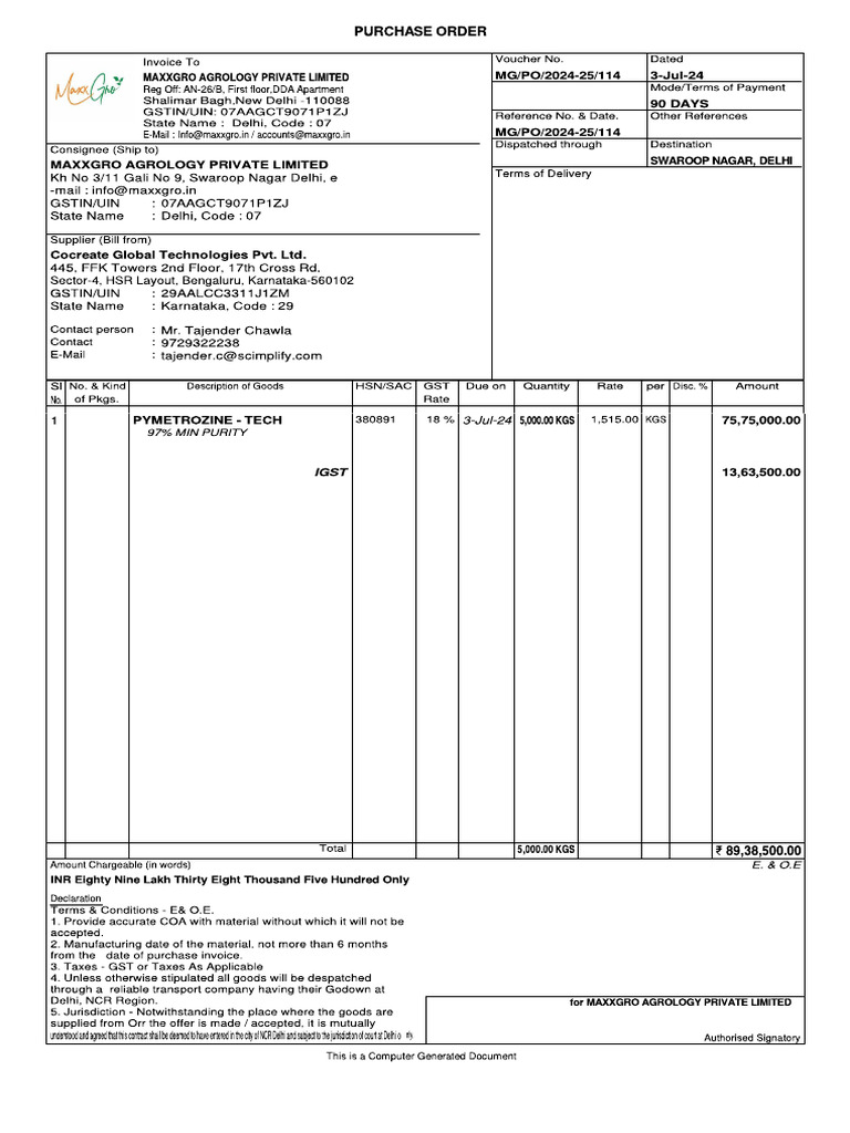 PO NO - 114 Cocreate Global Technologies Pvt. LTD | PDF