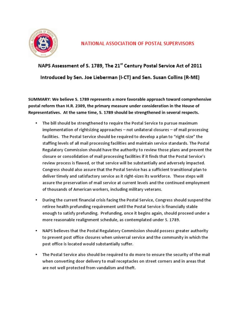 NAPS Assessment of S. 1789 | PDF | Mail | United States Postal Service