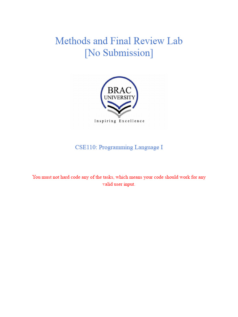 CSE110 Methods & Final Review Lab (No Submission) | PDF | Parameter (Computer Programming ...