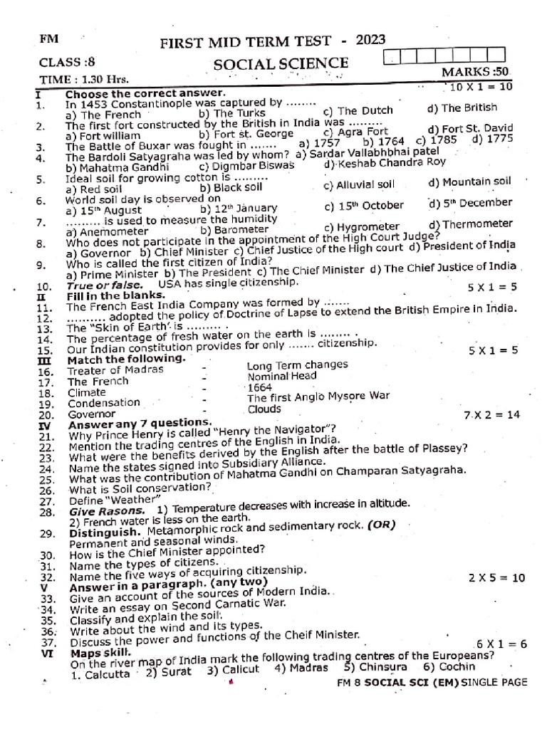 8th Social EM 1st Mid Term Exam 2023 Original Question Paper Madurai District English Medium PDF ...