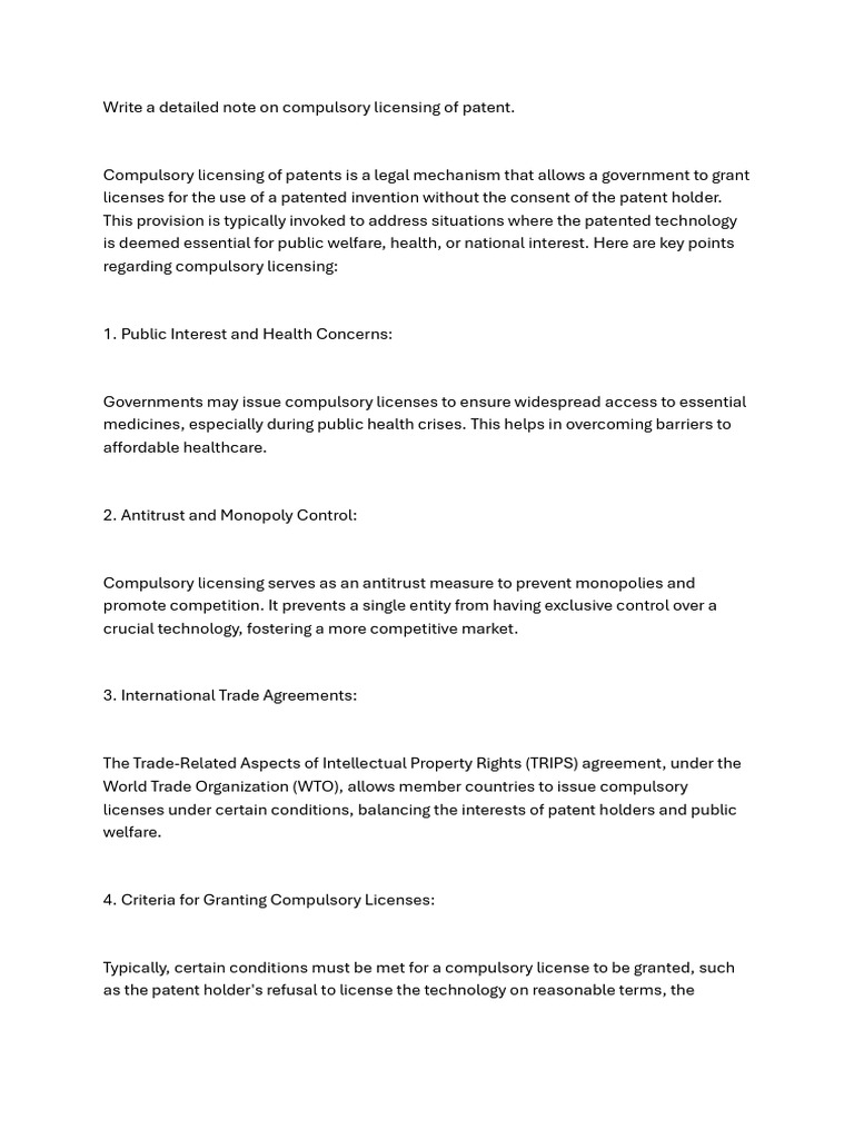 Compulsory Licencing | PDF | License | Patent