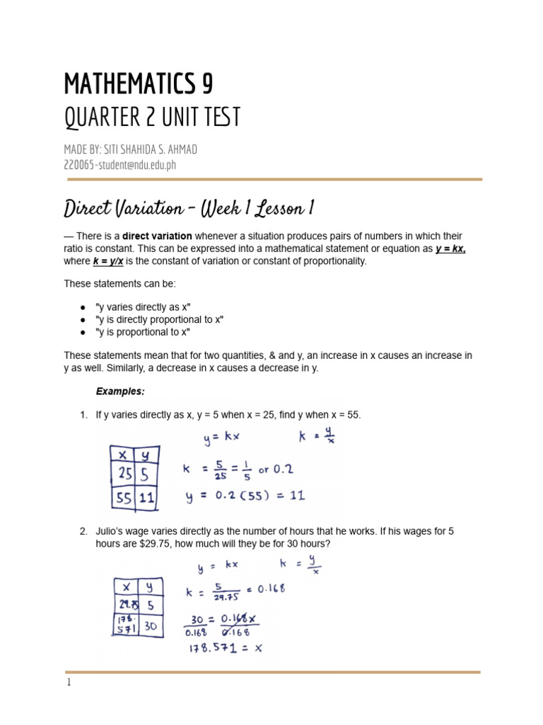 Mathematics 9 Q2 Unit Test | PDF | Variable (Mathematics) | Mathematics