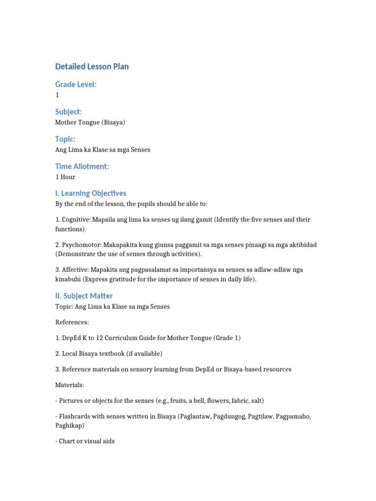 Detailed Lesson Plan With Activities | PDF | Senses | Behavior Modification