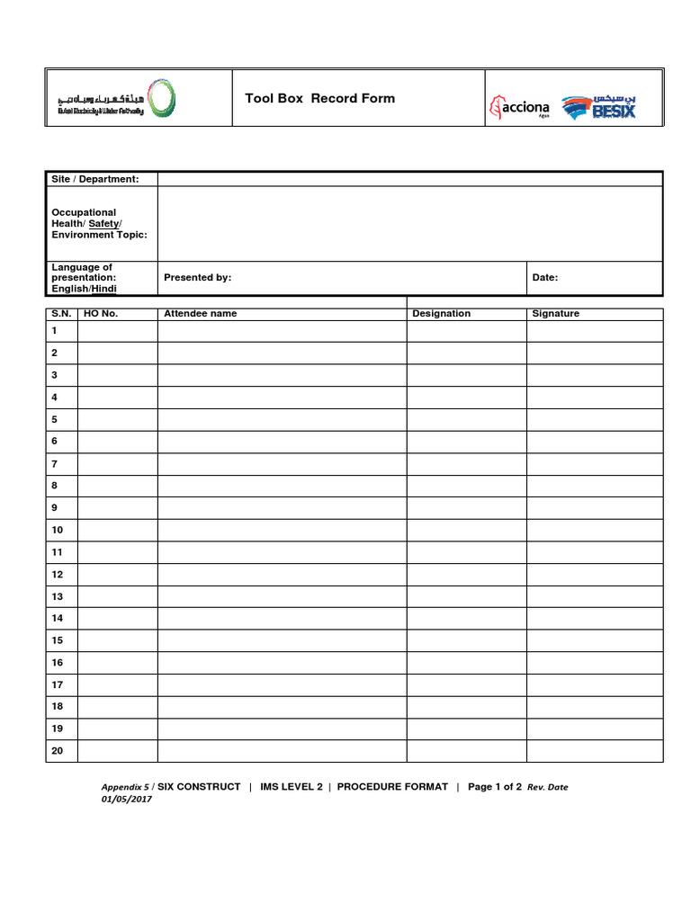 Tool Box Talk Form | PDF