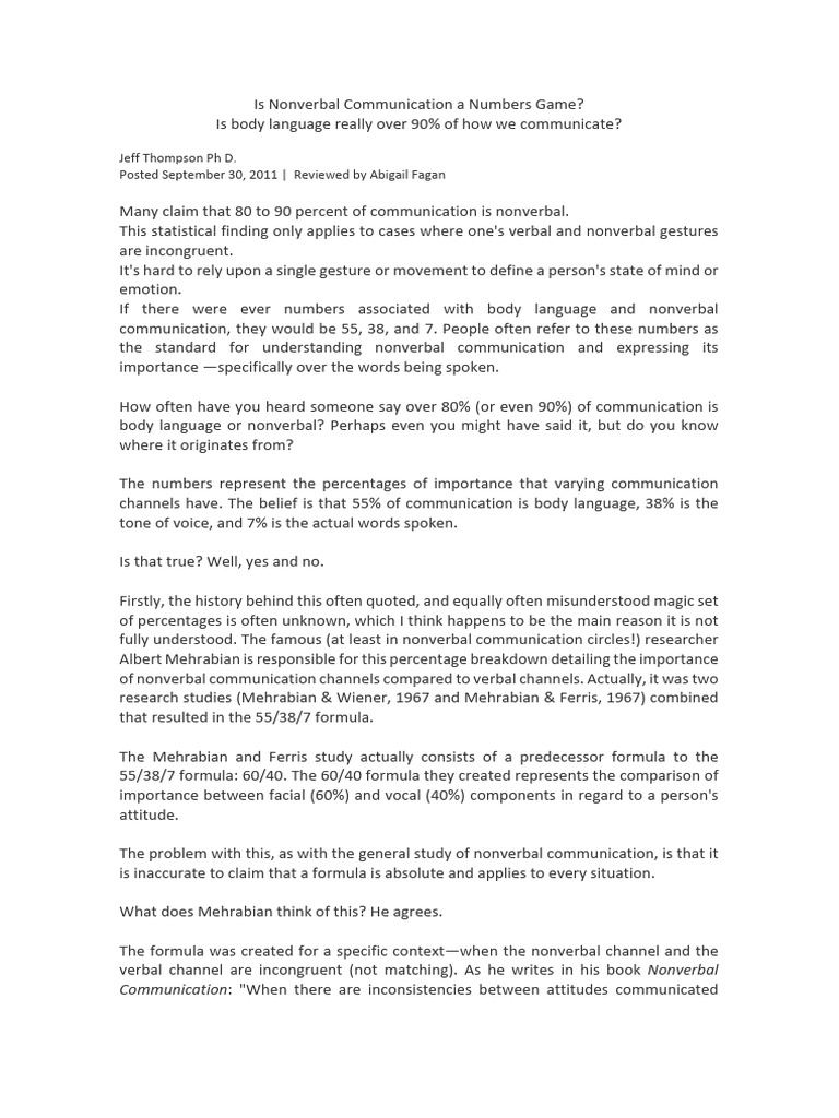 Thompson - 2011 - Is Nonverbal Communication A Numbers Game | PDF ...