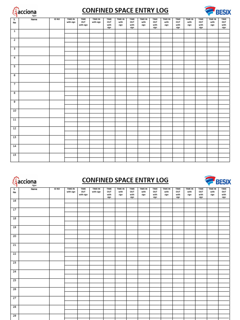 Confined Space Entry Log Sheet | PDF