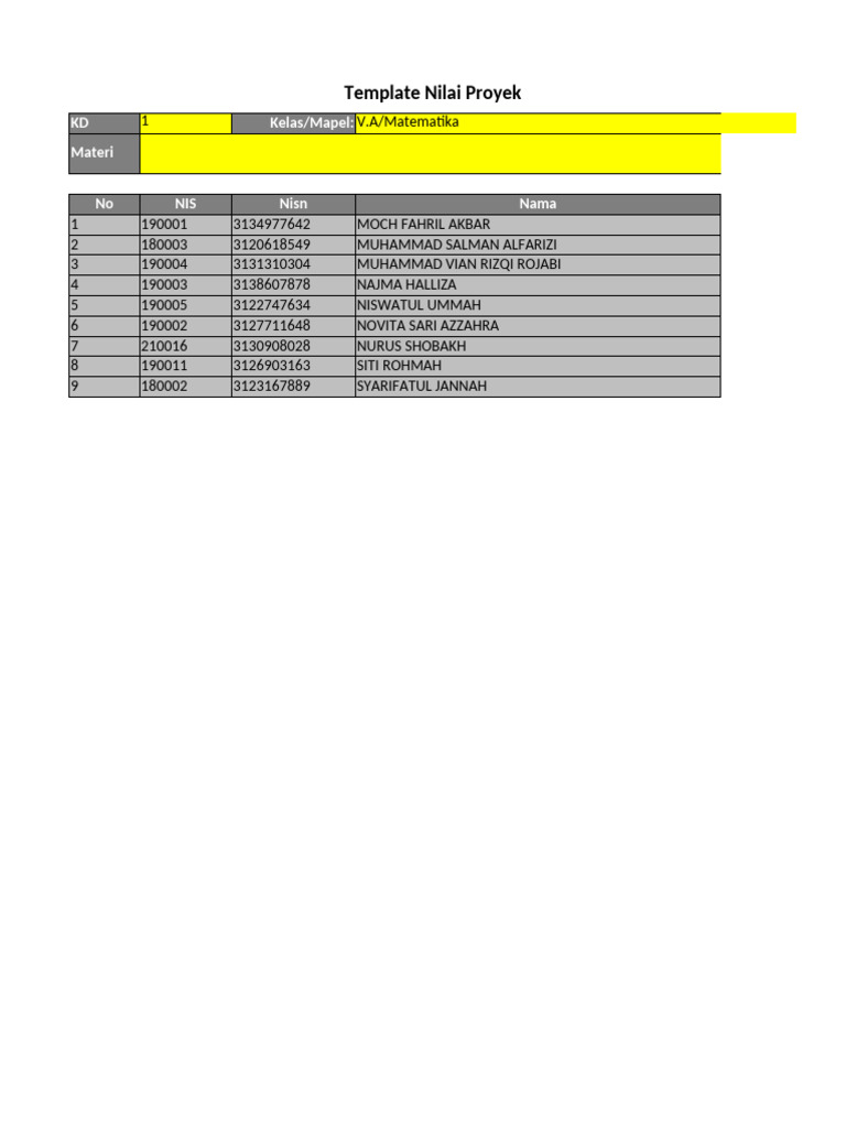 Template Nilai Proyek-V.A-Matematika | PDF