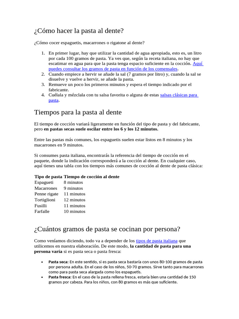 Cómo cocer pasta al dente correctamente | PDF | Pasta | Espaguetis