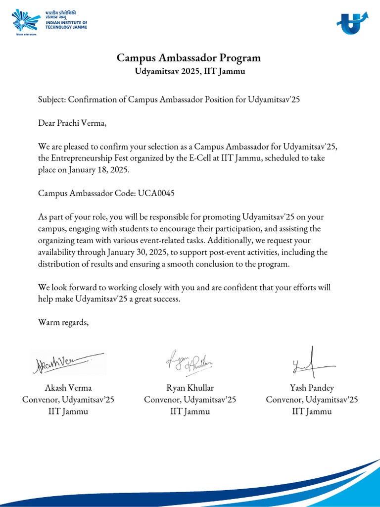 Udyamitsav'25 Campus Ambassador Confirmation | PDF
