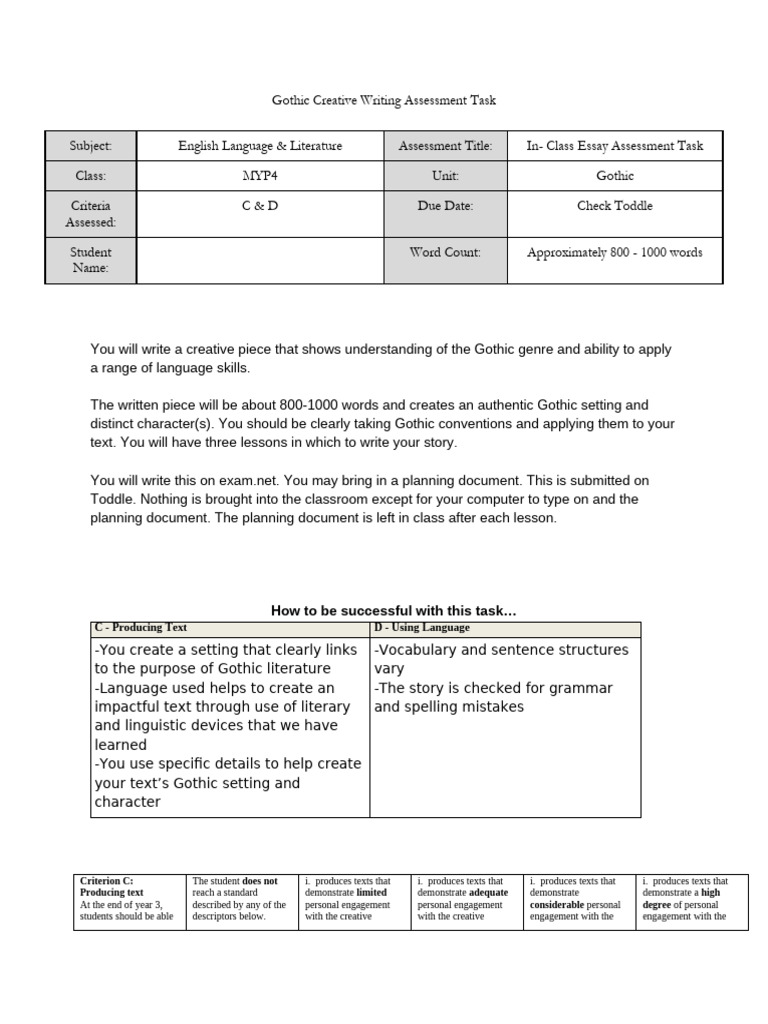 Creative Writing Gothic Task Sheet | PDF | Communication | Grammar