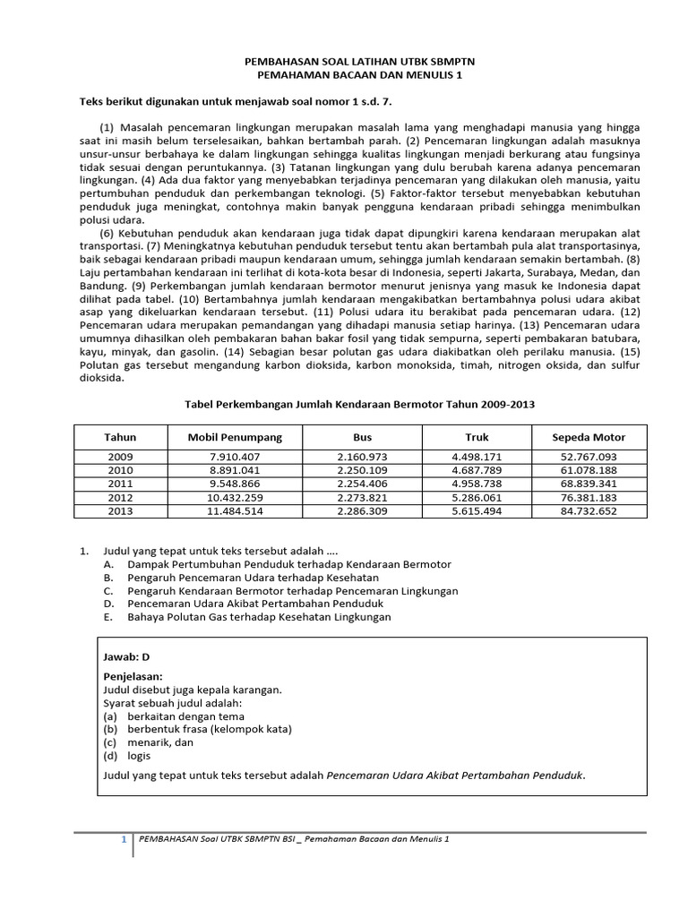 Pembahasan UTBK BSI Pemahaman Bacaan Dan Menulis | PDF