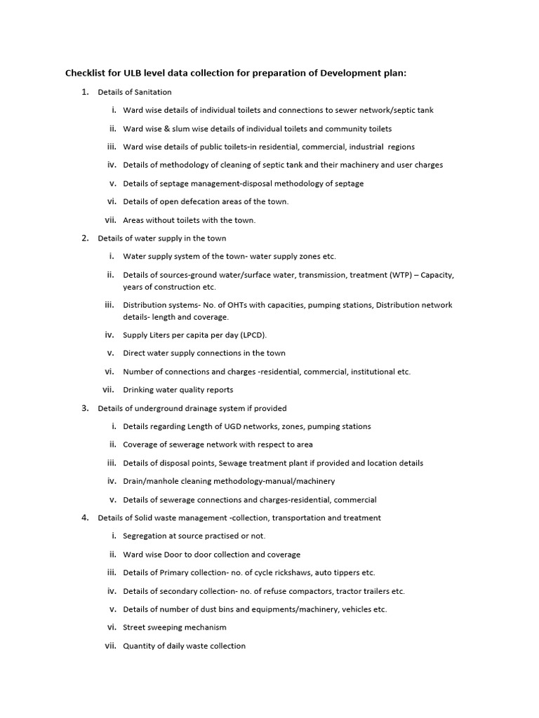Checklist For ULB Level Data Collection For Preparation of Development ...
