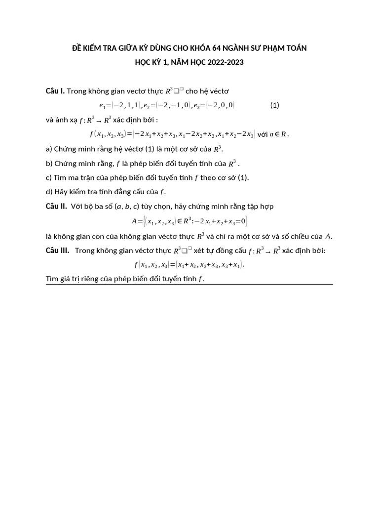 Bai Kiem Tra Cuoi Ki 2023 - 2024 ĐSTT Tu Luan | PDF
