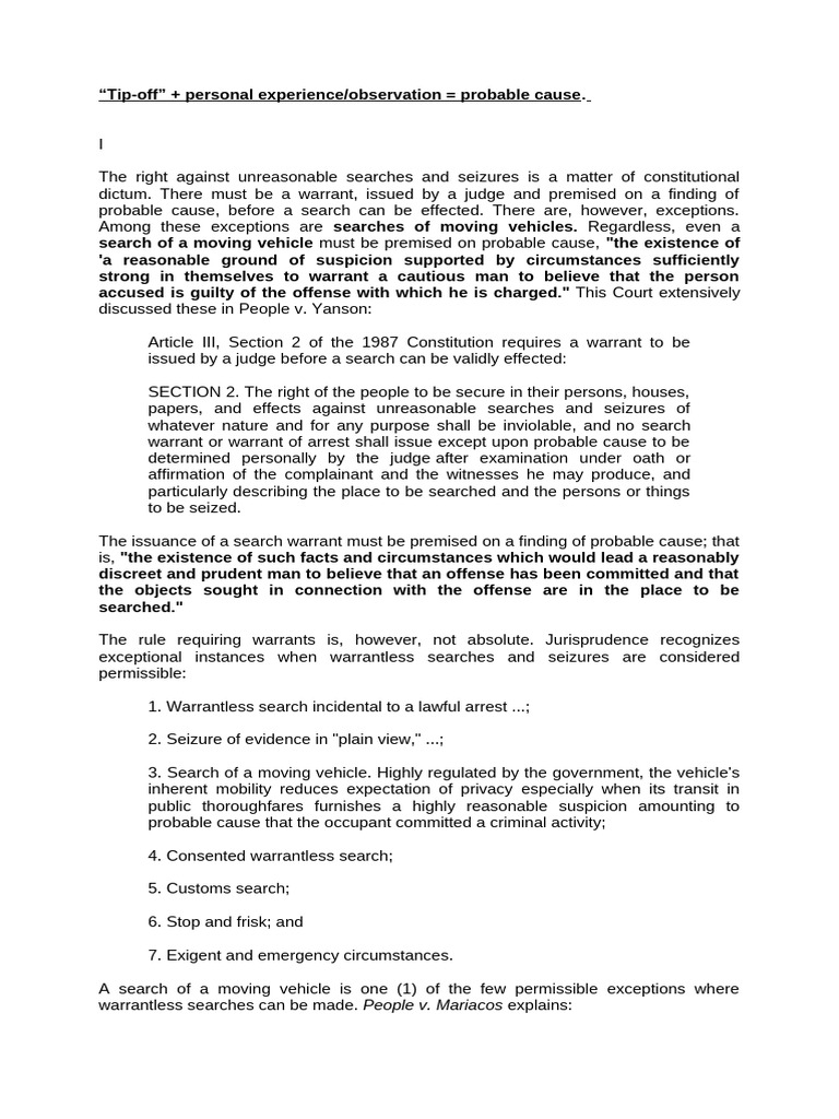 Probable Cause in Warrantless Searches | PDF | Search And Seizure ...