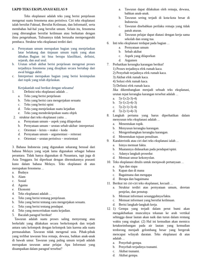 LKPD Teks Eksplanasi Kelas 9 | PDF