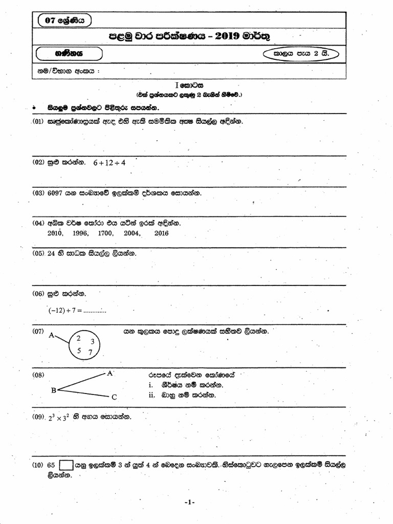 2019 Grade 07 Mathematics First Term Test Paper Uva Province | PDF