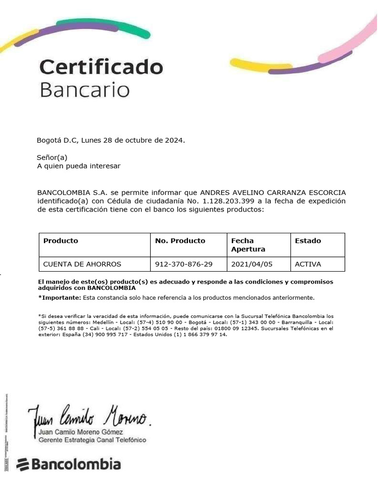 Certificado Bancario Andres Avelino Bancolombia | PDF