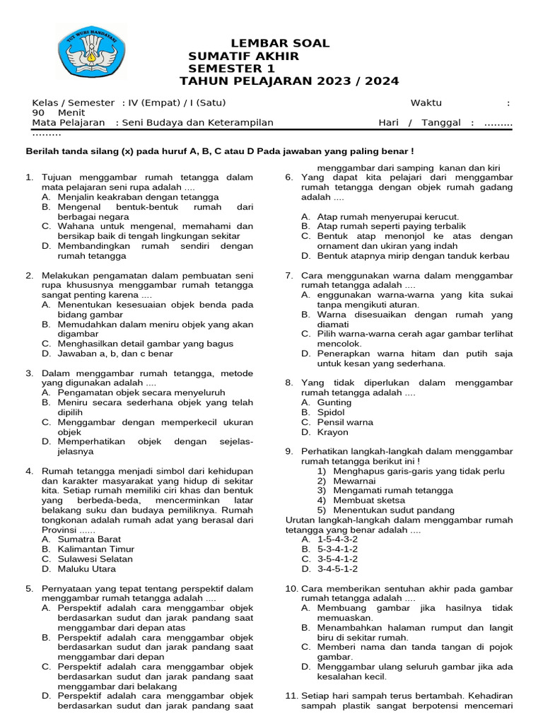 Soal SBDP Kelas 4 Semester 1 | PDF