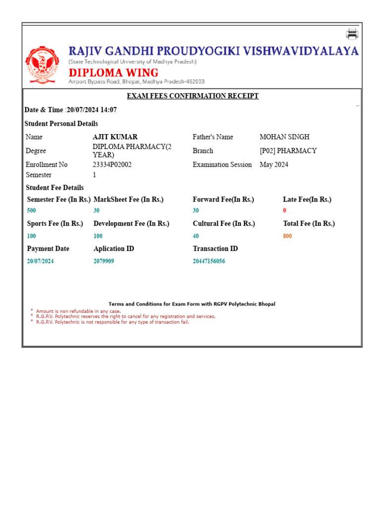 RGPV Diploma Exam Form Confirmation | PDF