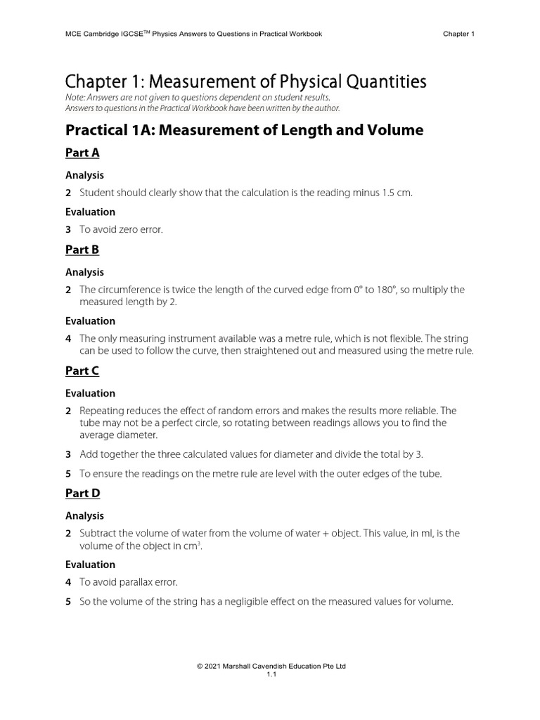 Cambridge IGCSE Physics Practical Answers | PDF | Volume | Length