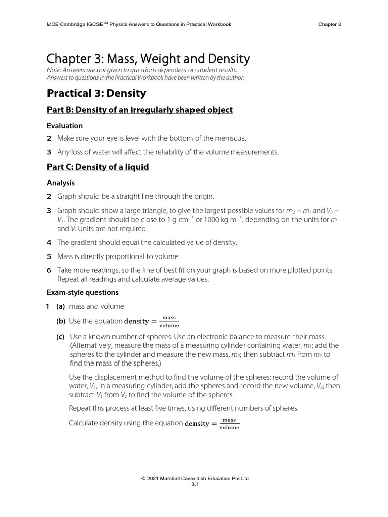 IGCSE Physics Practical Workbook Answers | PDF | Density | Volume