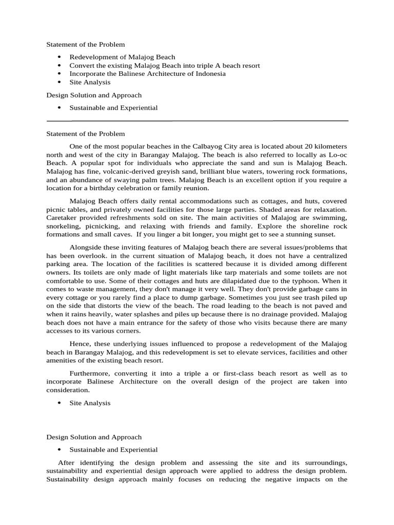 Redevelopment Plan for Malajog Beach Resort | PDF | Beach | Sustainability