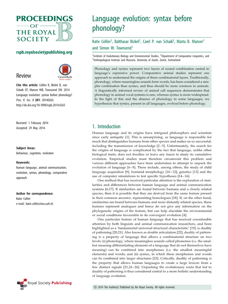 Collier Et Al 2014 Language Evolution Syntax Before Phonology | PDF | Semantics | Lexicon