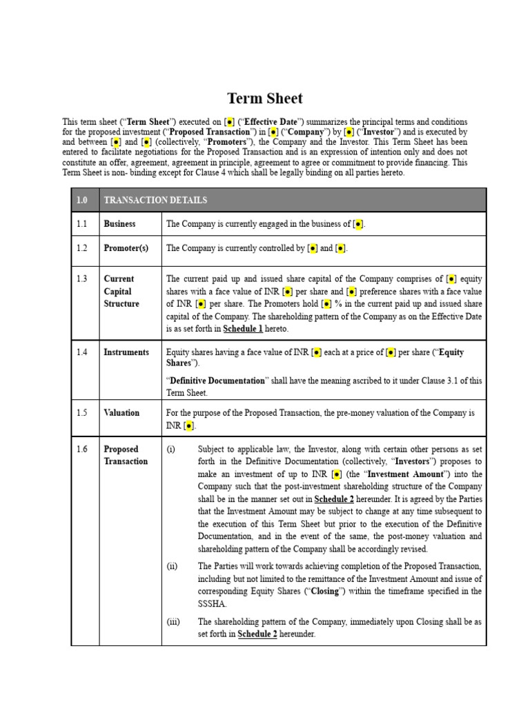 Equity Investment Term Sheet Overview | PDF | Stocks | Equity (Finance)