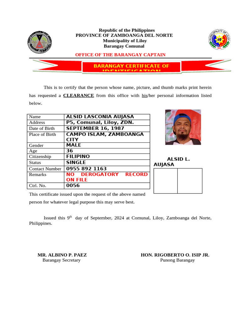 Barangay Certificate of Identification | PDF