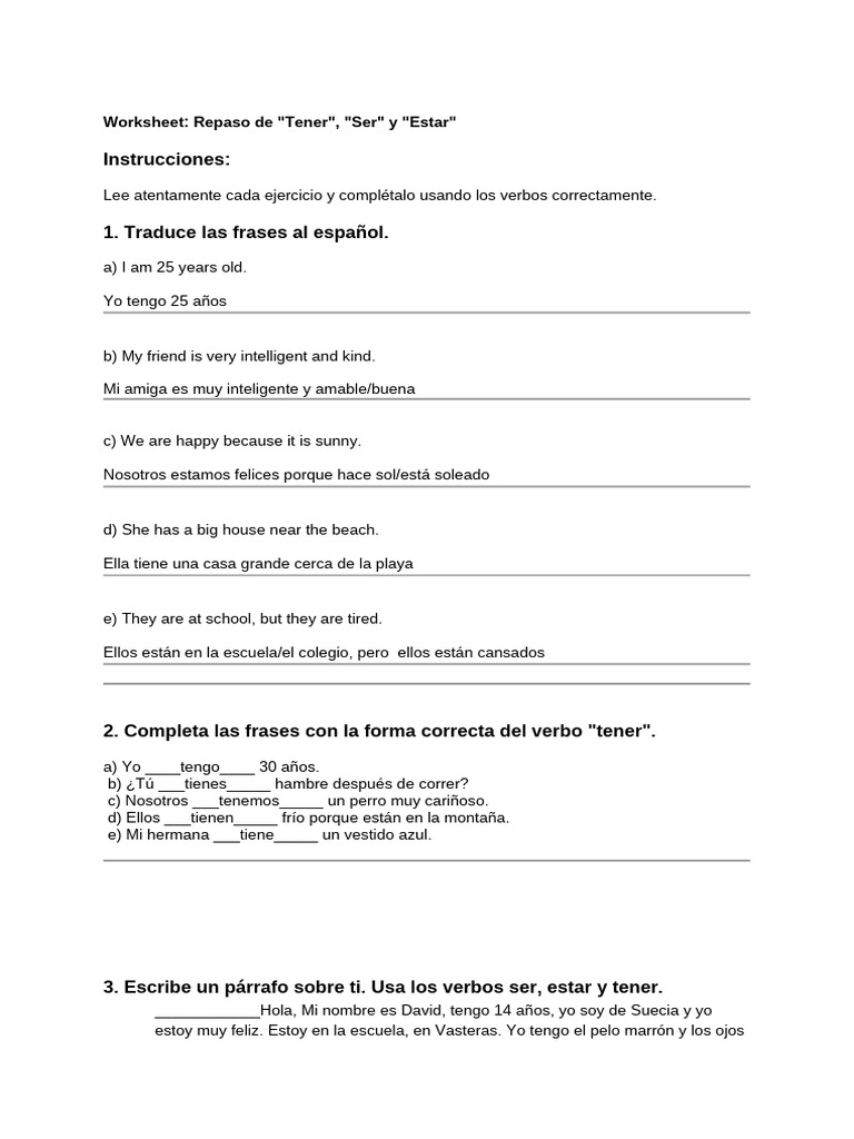 Ejercicios de "Tener", "Ser" y "Estar" | PDF