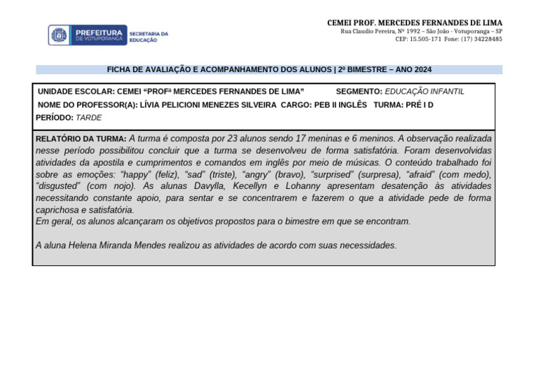 Pré I D - 2bim - 2024 | PDF