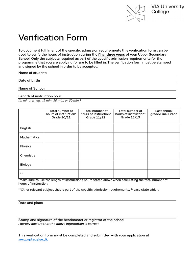Verification Form for Admission Requirements | PDF