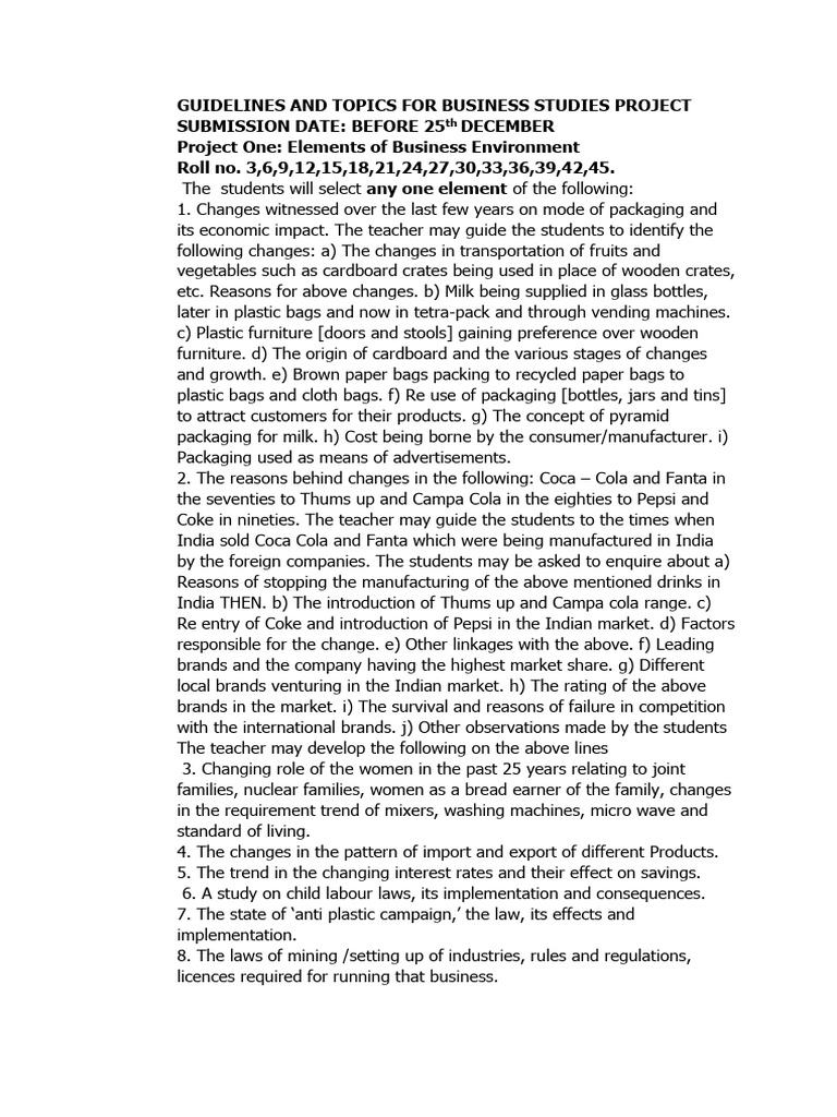 Guidelines and Topics For Business Studies Project | PDF | Coca Cola ...