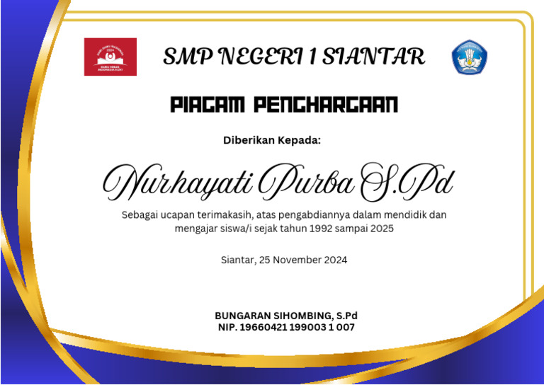 SMP Negeri 1 Siantar: Piagam Penghargaan | PDF