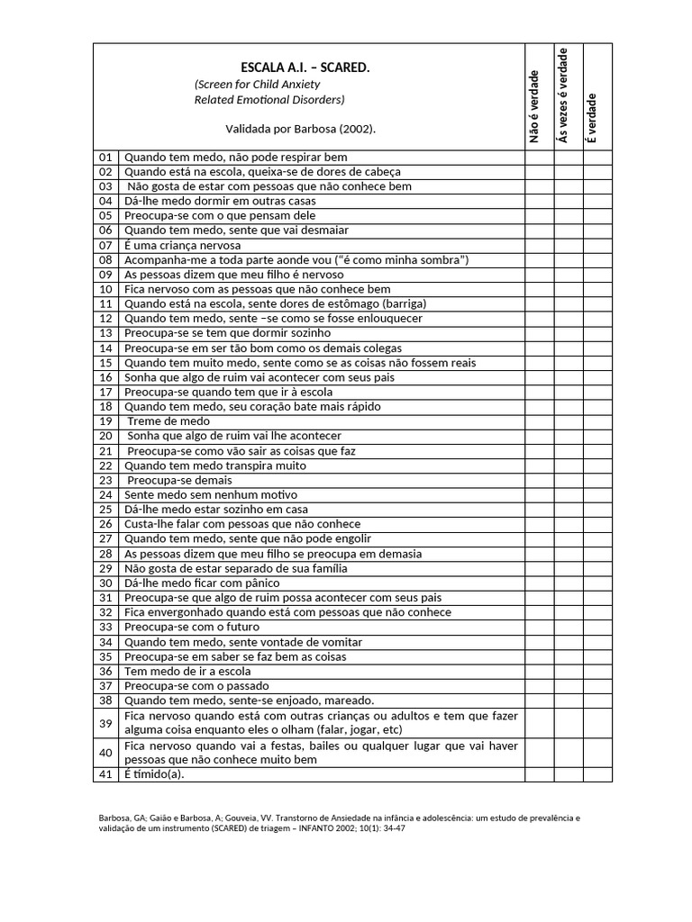 ESCALA ANSIEDADE - SCARED (Pais) | PDF | Ciências comportamentais