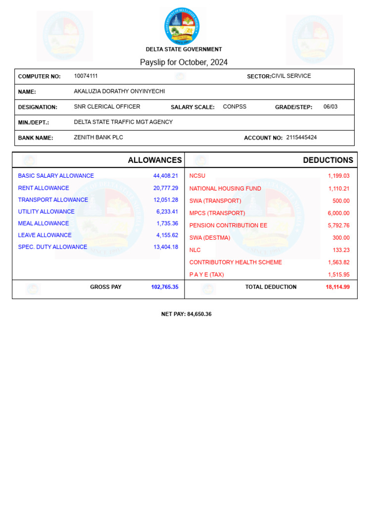 Payslip For October, 2024: Allowances Deductions | PDF