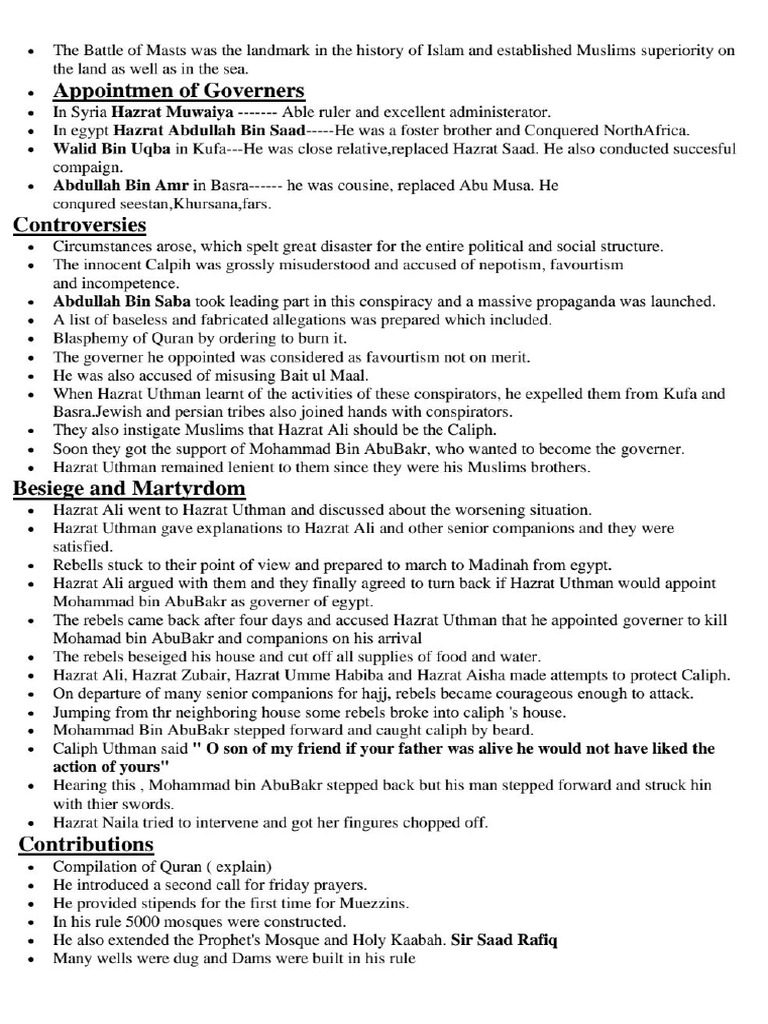 The Caliphate of Hazrat Uthman RA | PDF