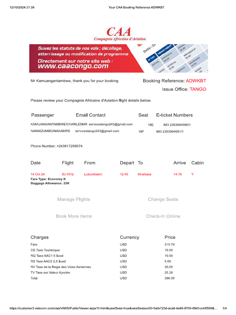Your CAA Booking Reference ADWKBT | PDF