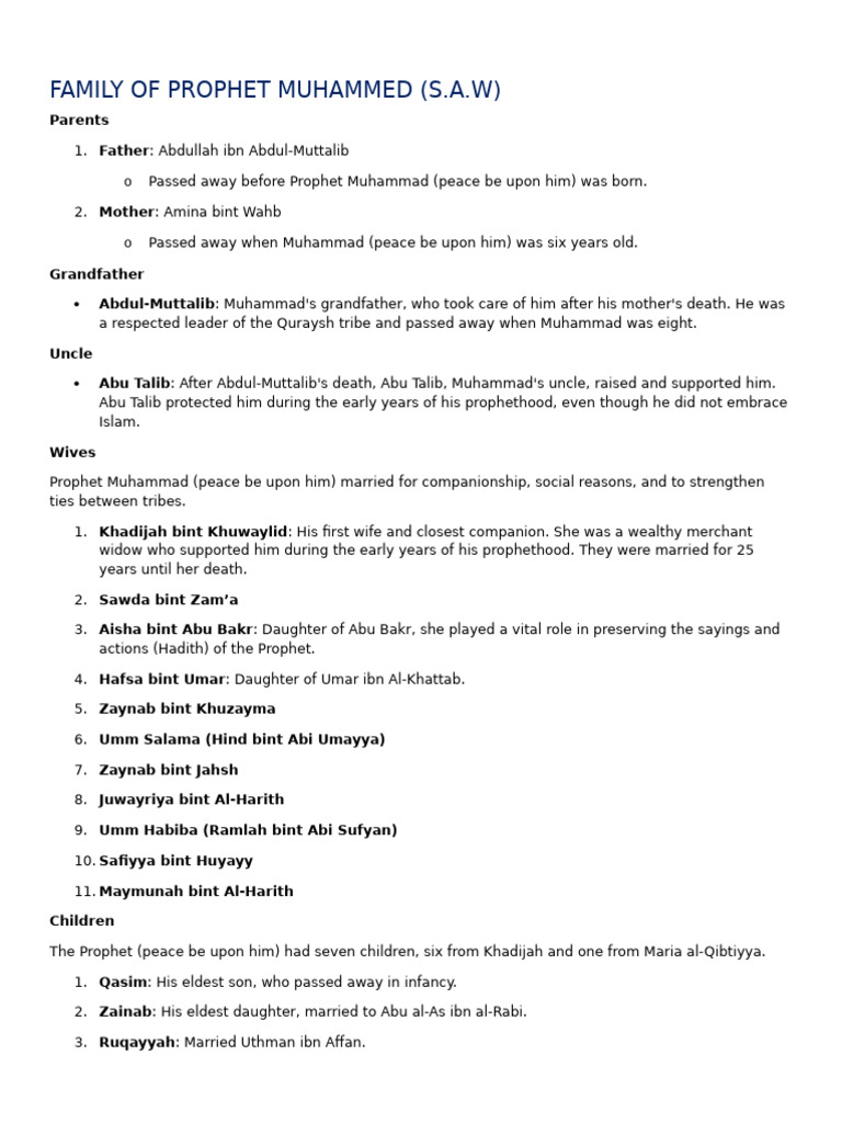Prophet Muhammad's Family Overview | PDF | Muhammad | Ali