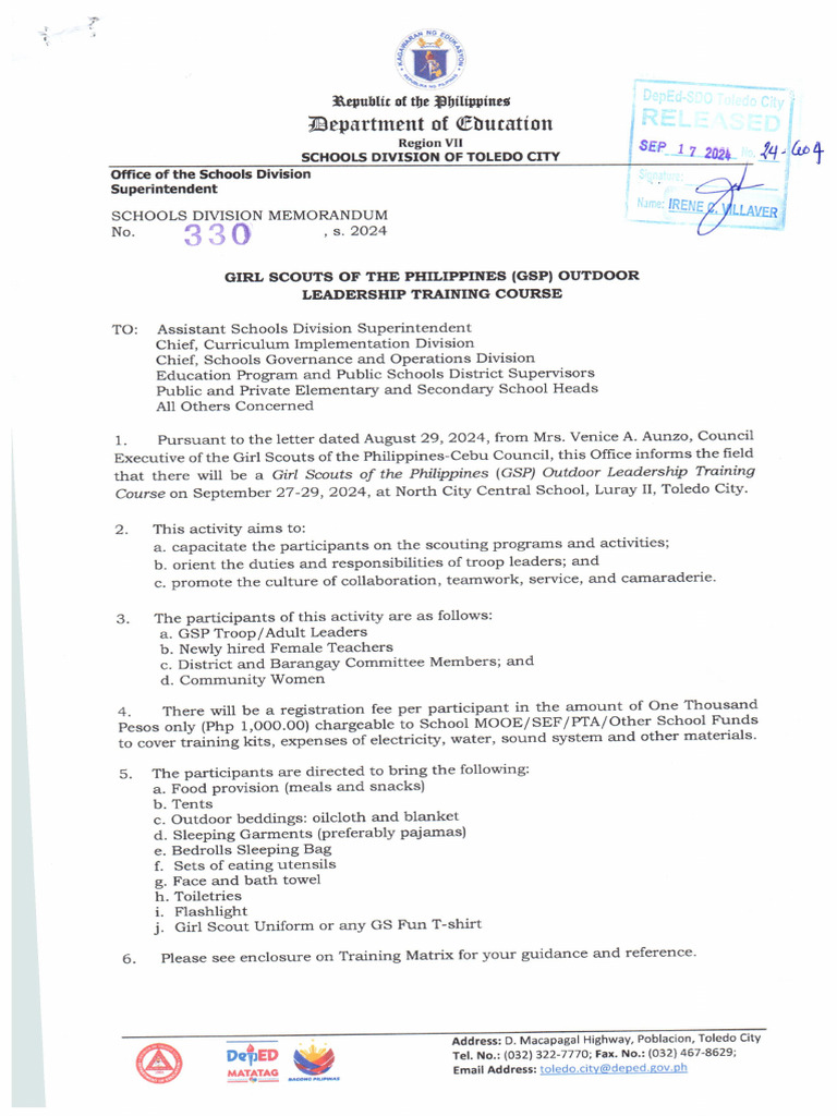 SDM No. 330, S. 2024 - Girl Scouts of The Philippines (GSP) Outdoor ...