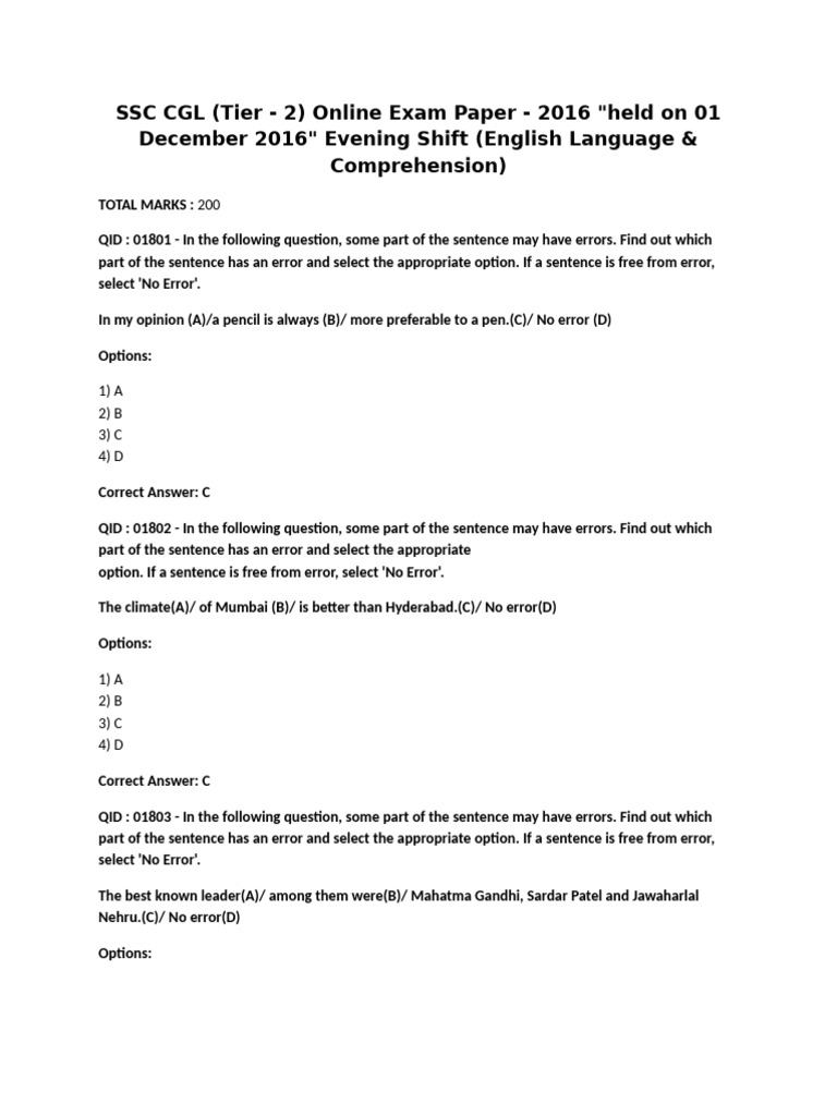 English SSC CGL Paper | PDF | Rain | Angkor