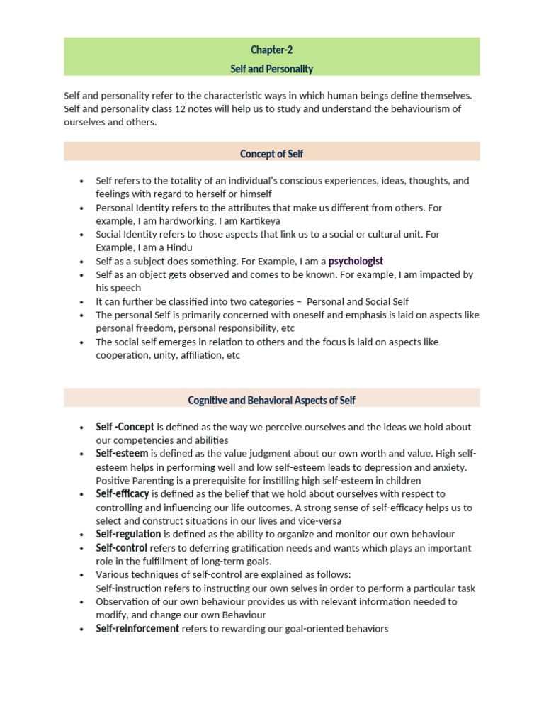 Chapter-2 Self and Personality | PDF | Id | Self Esteem
