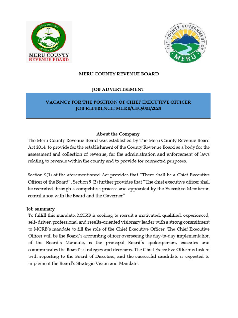 Meru County Revenue Board Job Advertisement Vacancy For The Position of Chief Executive Officer ...