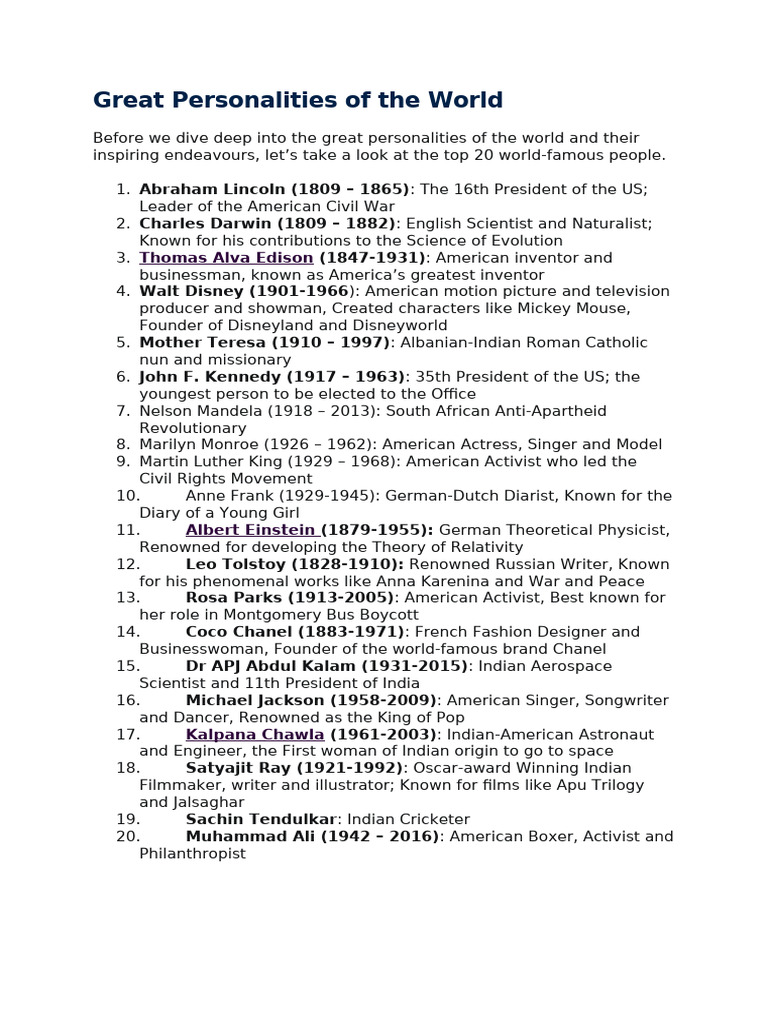 Top 20 World-Famous Personalities | PDF