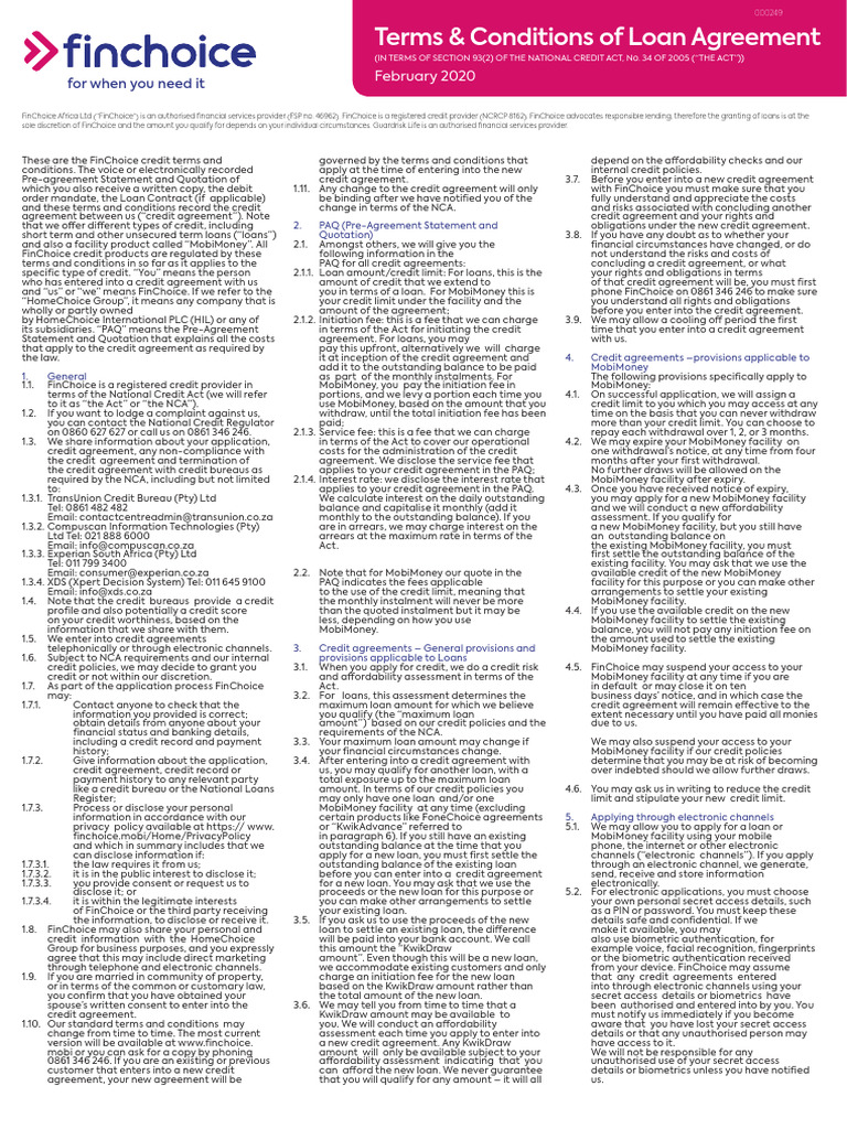 FinChoice Loan Agreement Terms & Conditions | PDF | Credit Card | Credit