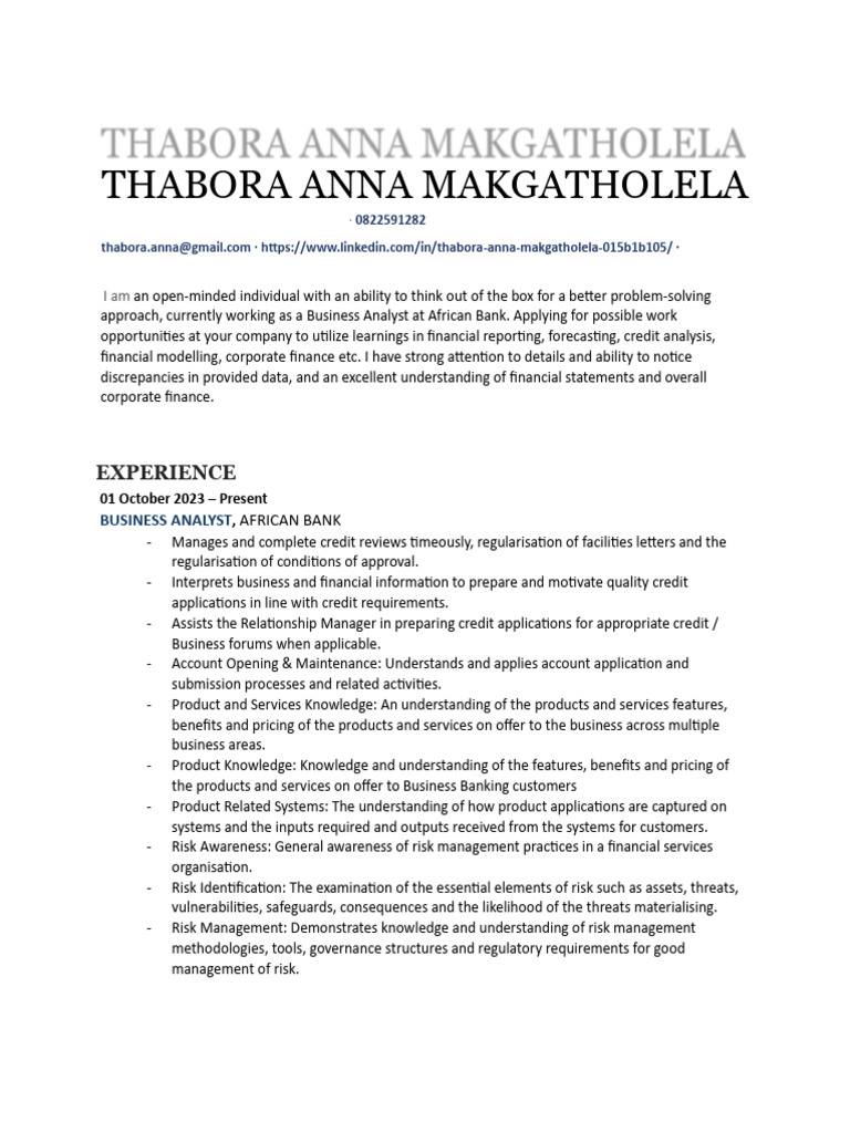 Thabora Anna CV | PDF | Risk Management | Risk