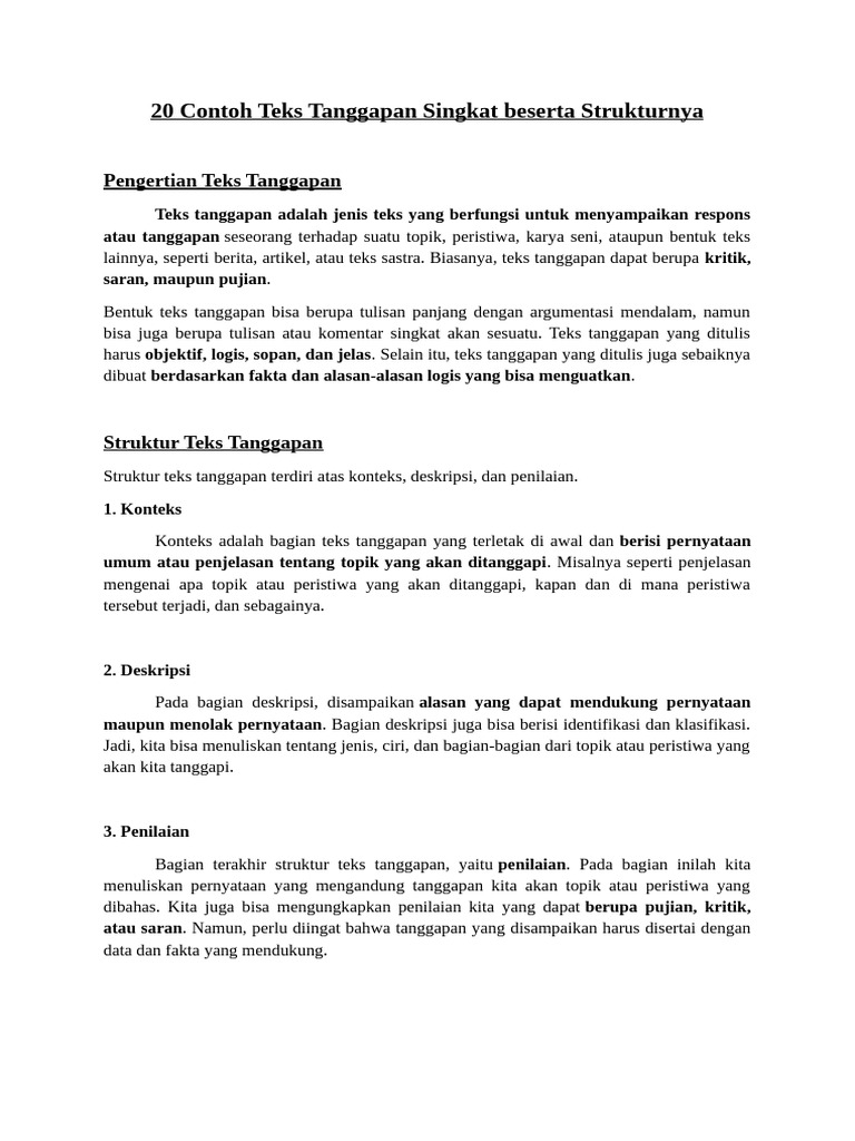 20 Contoh Teks Tanggapan Singkat Beserta Strukturnya | PDF