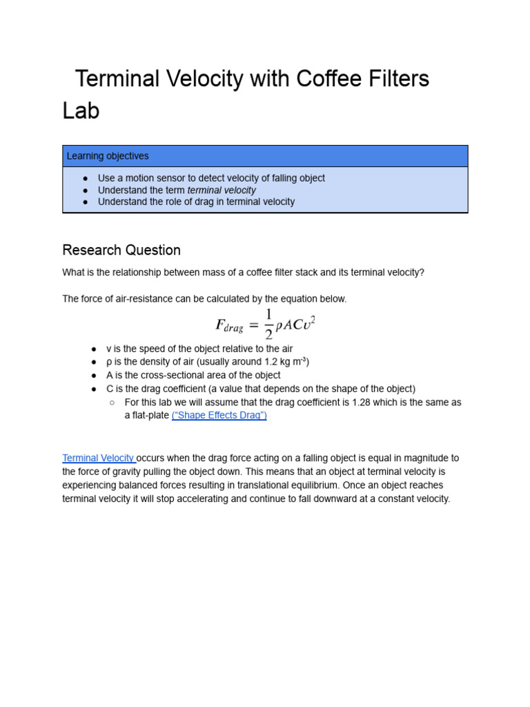 Terminal Velocity of Coffee Filters Lab | PDF | Force | Drag (Physics)