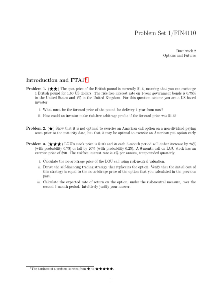Problem Set 1/FIN4110: Introduction and FTAP | PDF