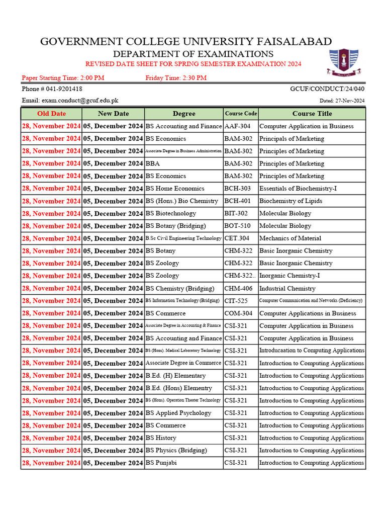 59 - Revised Datesheet of 2nd Semester Spring 2024 | PDF | Bachelor Of ... 59 - Revised Datesheet of 2nd Semester Spring 2024 | PDF | Bachelor Of ...